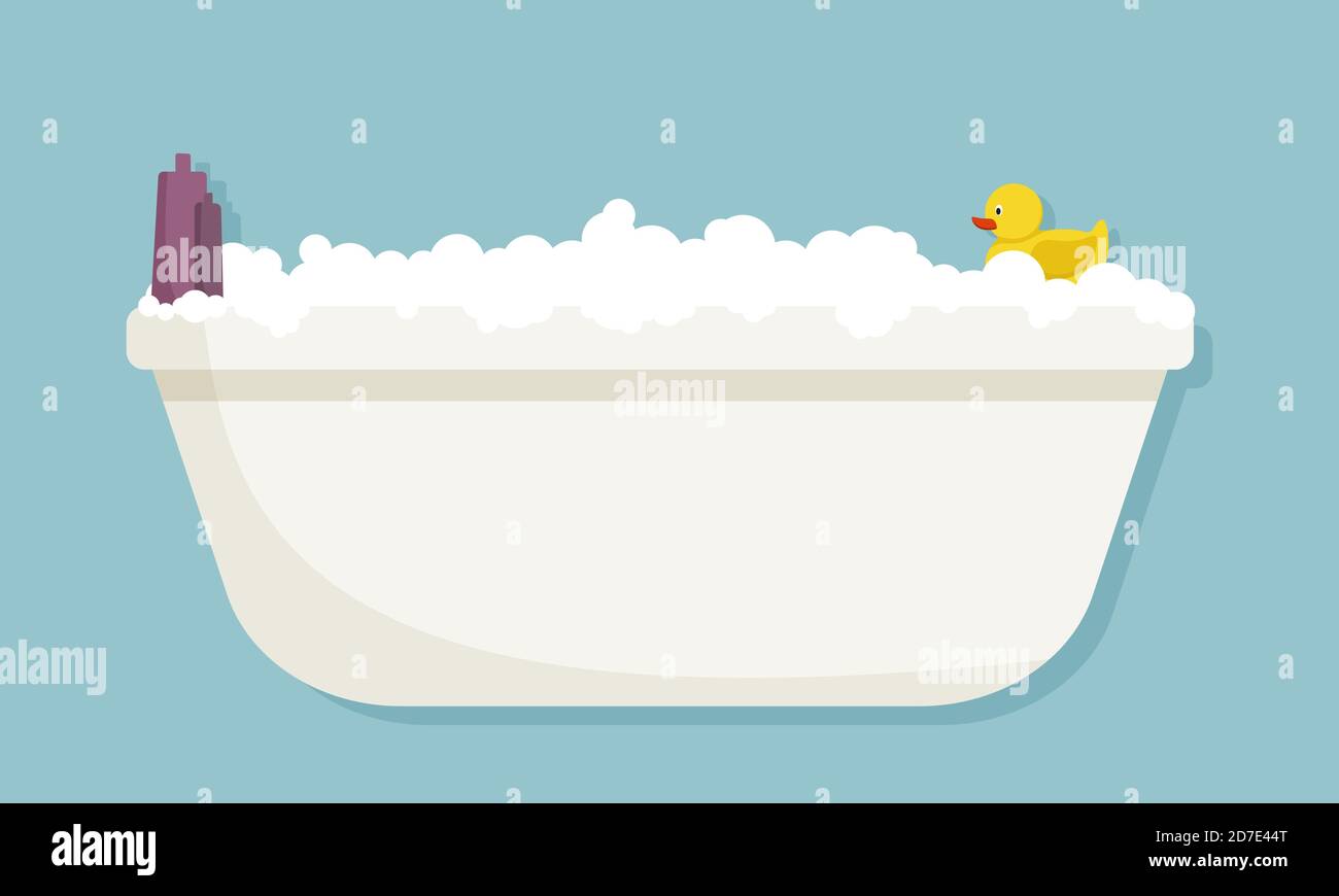 Bubble bath with yellow rubber duck. Bathtub isolated on blue ...