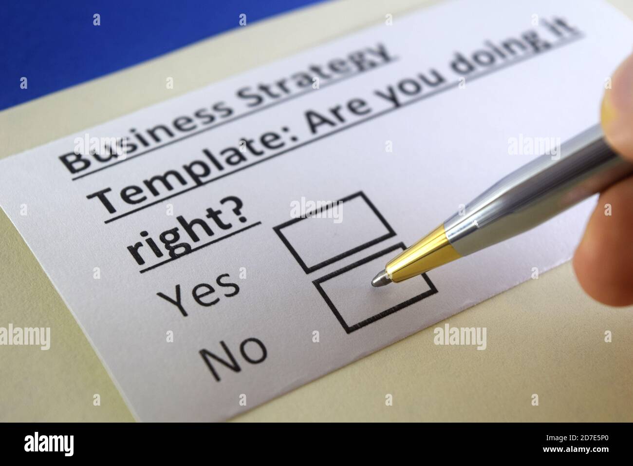 One person is answering question about business strategy template Stock ...