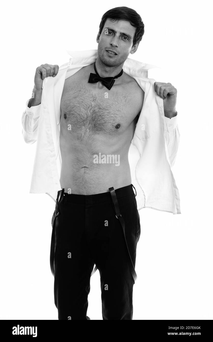 Man in shirt opening Black and White Stock Photos & Images - Alamy