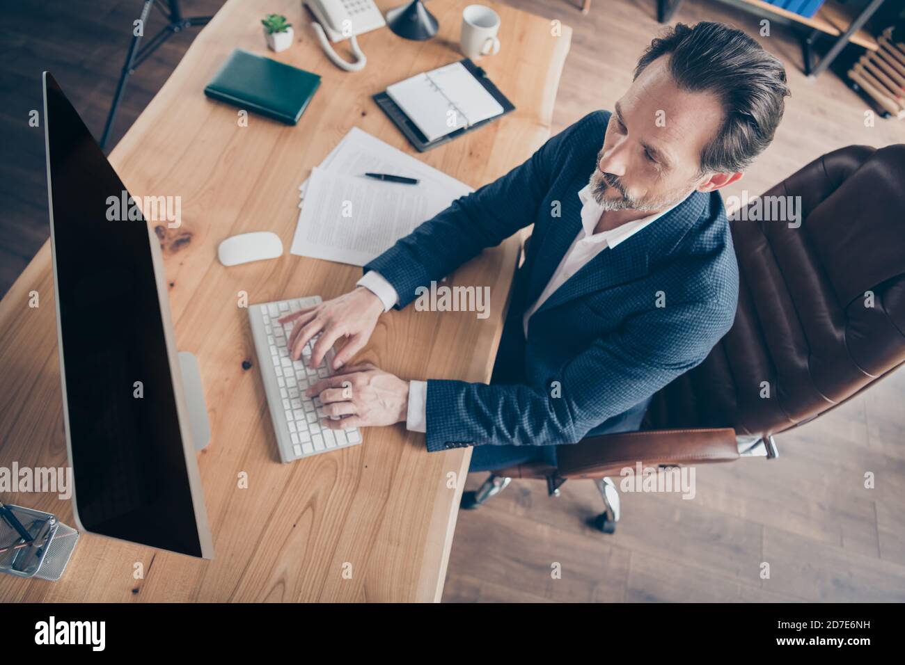 Top above high angle view portrait of his he handsome focused busy man ...