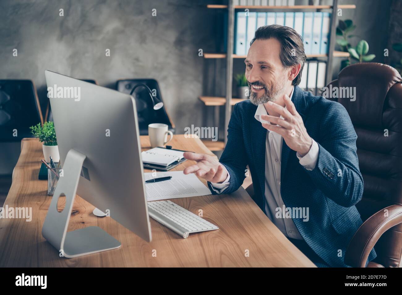 Profile side view portrait of his he nice handsome cheerful man ceo ...