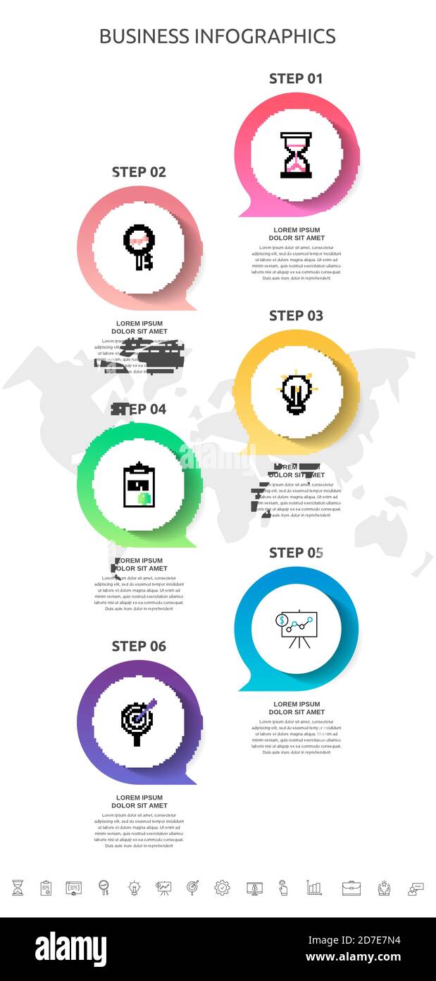 6 steps infographics with dialogs and charts. Vector circles template ...