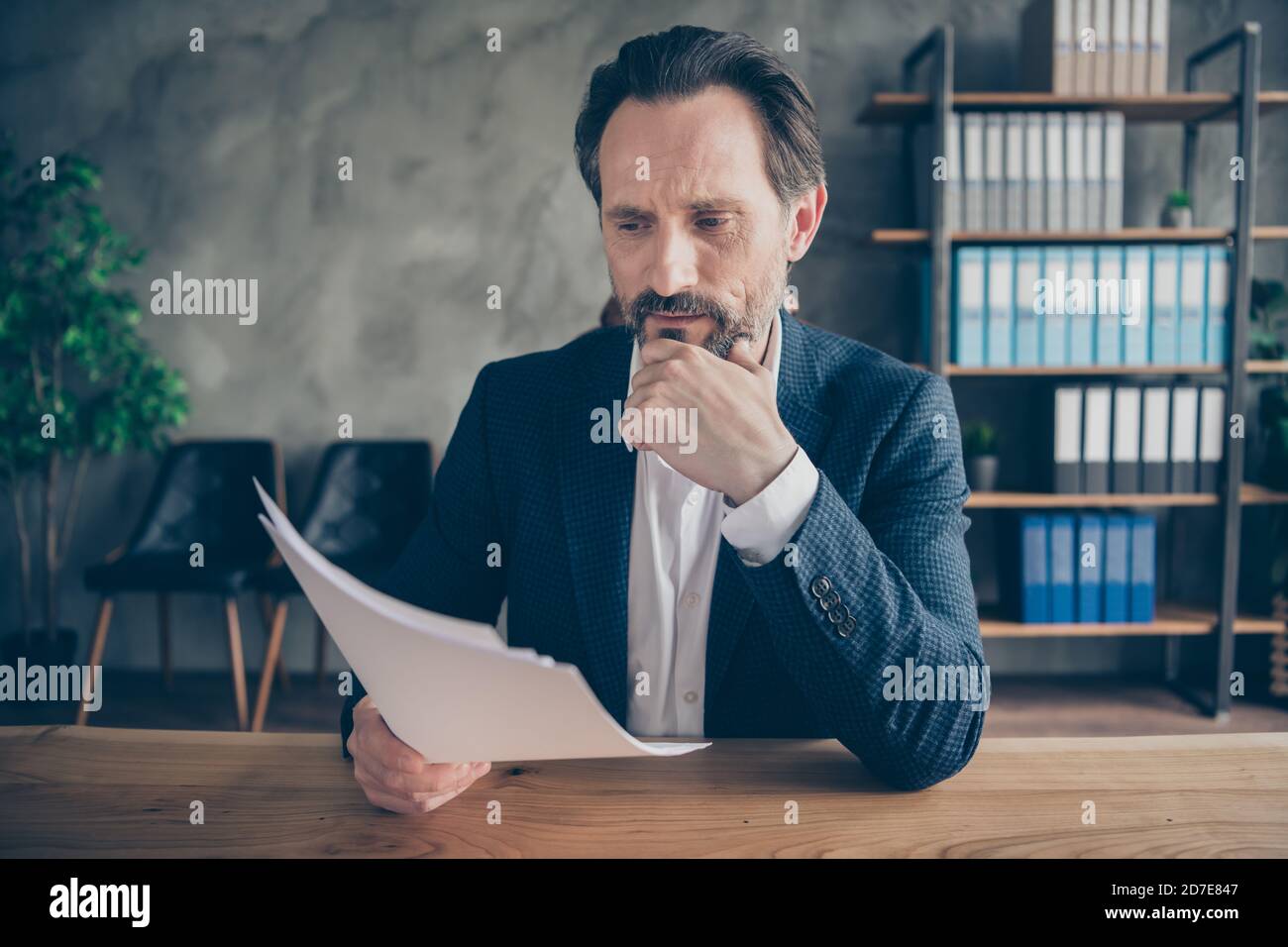 Close-up portrait of his he nice attractive focused busy man qualified ...
