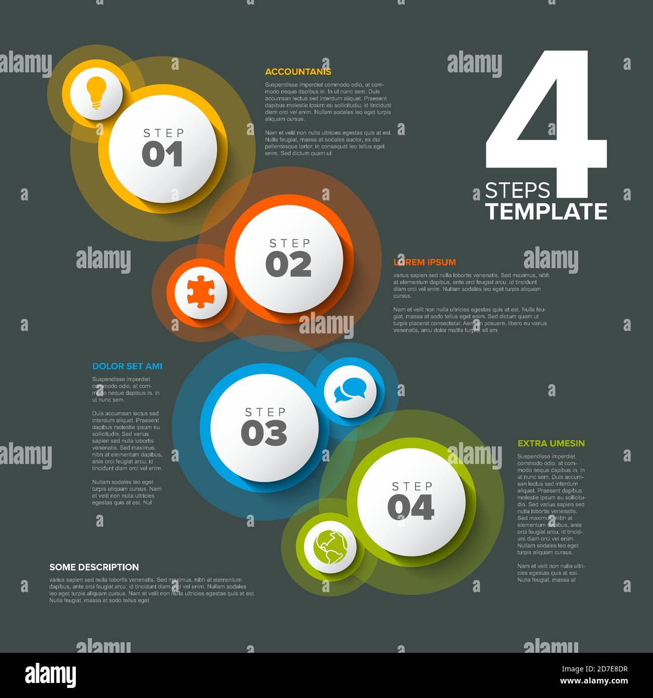 Vector progress steps template with descriptions, icons and circles on ...