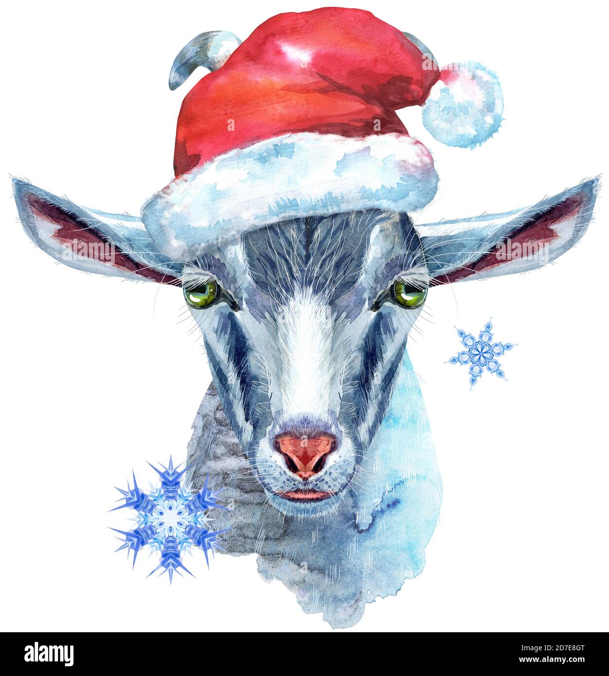 Goat character in Santa hat watercolor illustration isolated on white ...