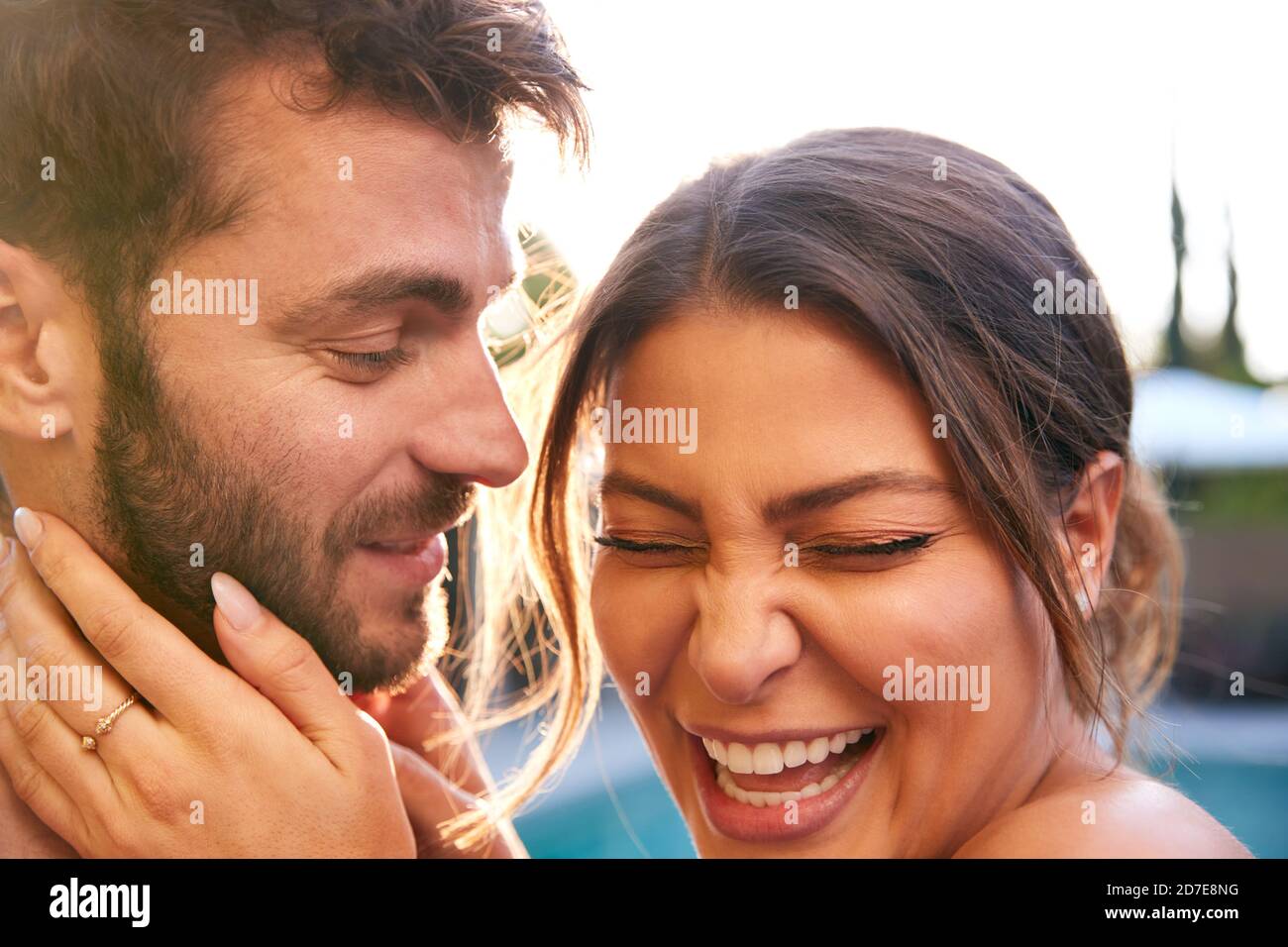 Romantic Hispanic Couple Outdoors Enjoying Summer Pool Party Stock ...