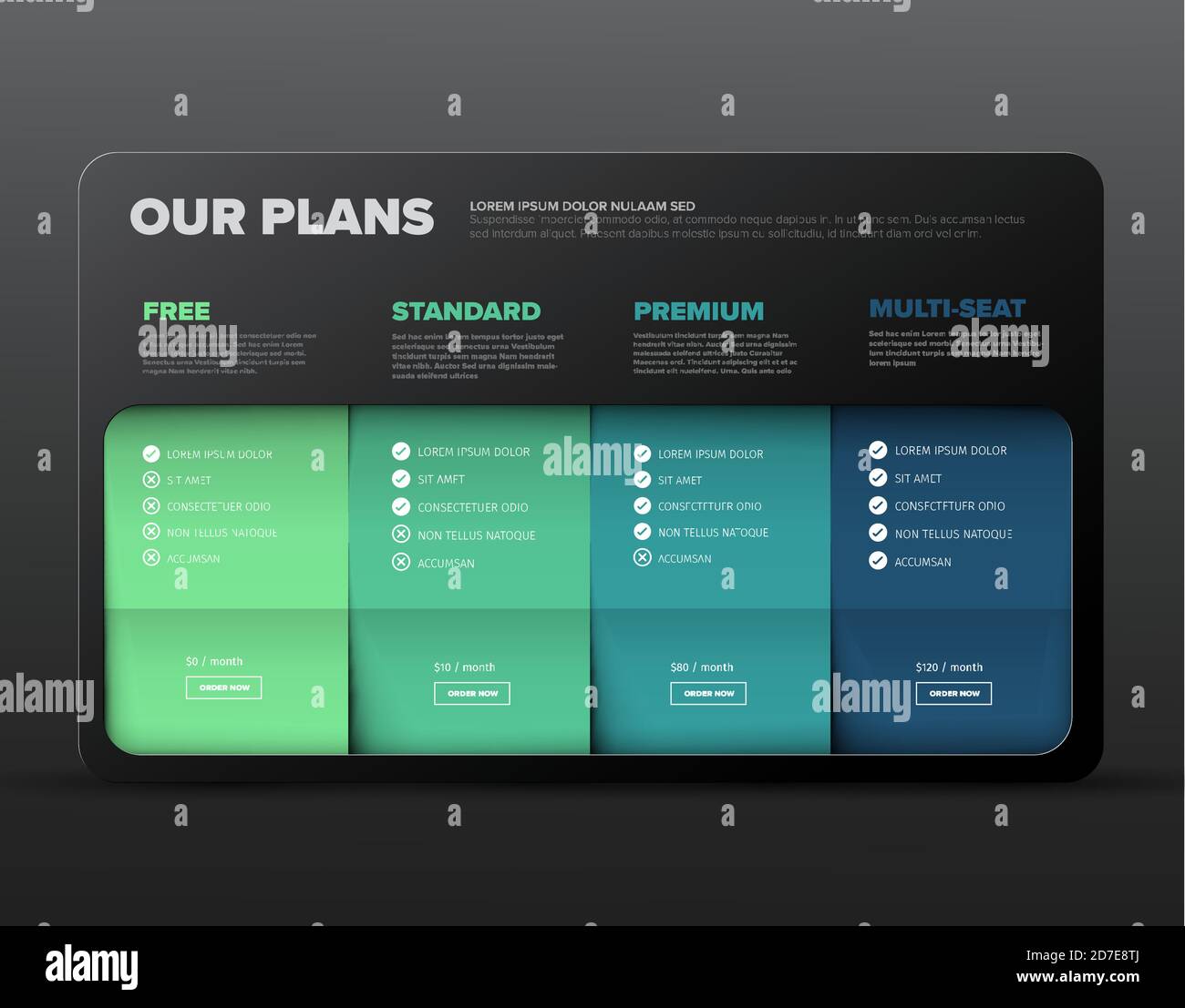 Product / service price comparison cards with description and prices - dark green color Stock ...