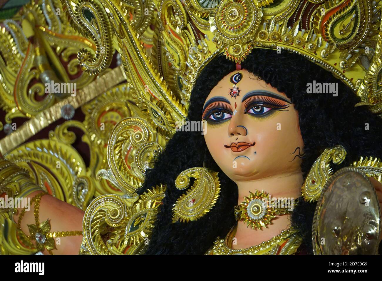 Statue of Hindu Goddess Durga with her family during puja Stock Photo ...