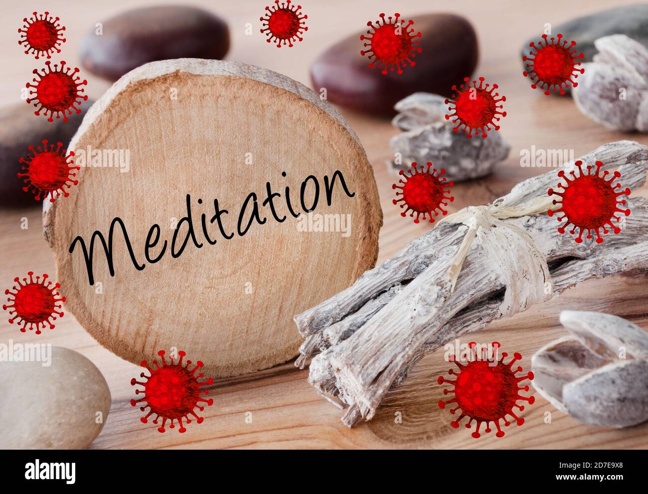 Wellness Bild Meditation mit Steinen, Holzscheibe und Corona Virus ...