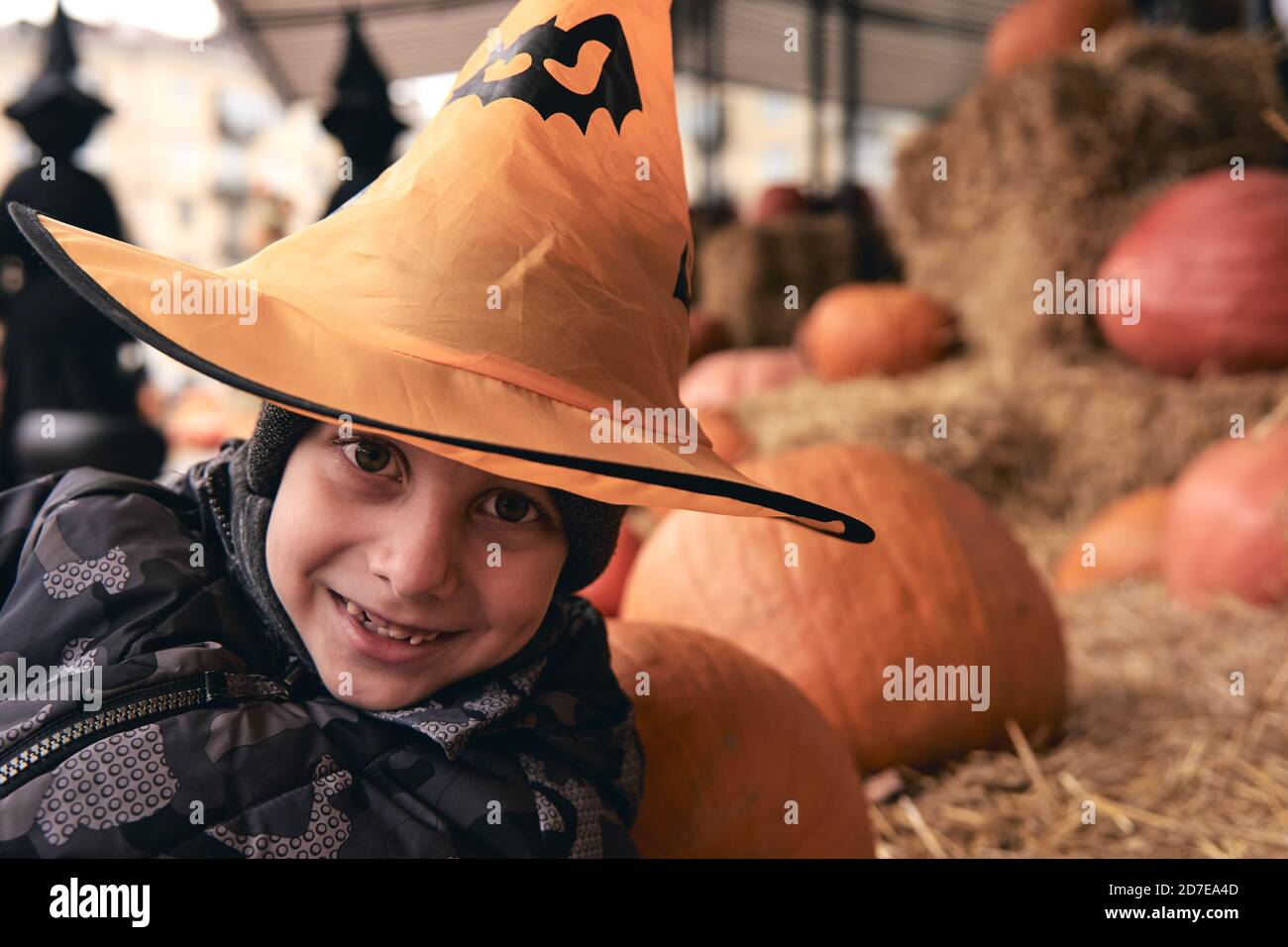 6 years boy in Halloween costume with pumpkins at farm market stands on ...