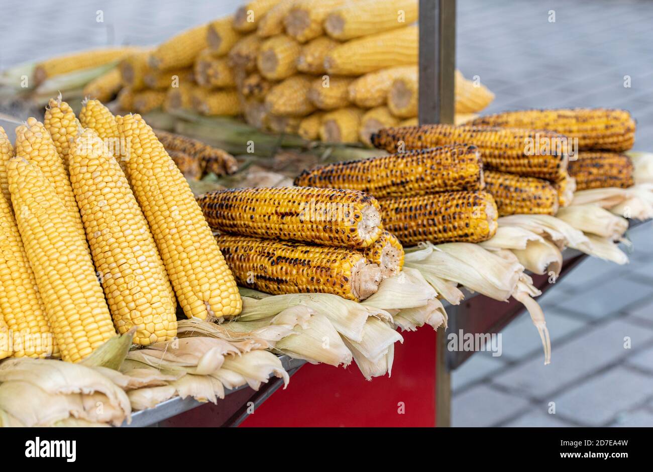 Raw, grilled and boiled corns in a street of Istanbul, Turkey Stock ...
