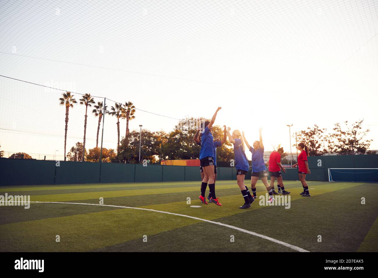 Womens Football Team Celebrating Scoring Goal In Soccer Match On ...