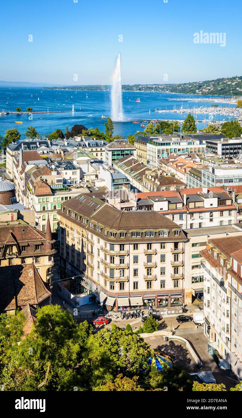Aerial view over the rooftops of Geneva, the bay of Geneva and the Lake ...