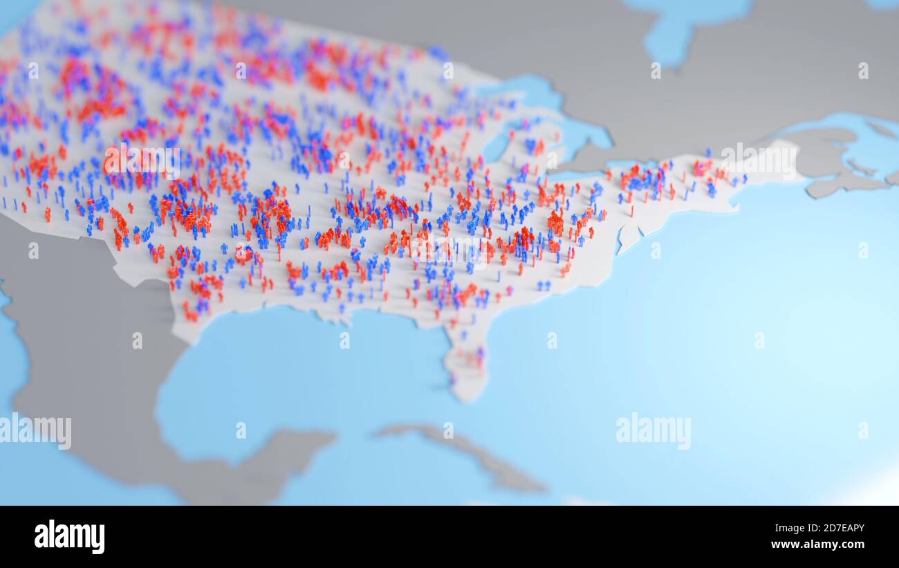 Red and blue simple human figures over a US map, representing ...
