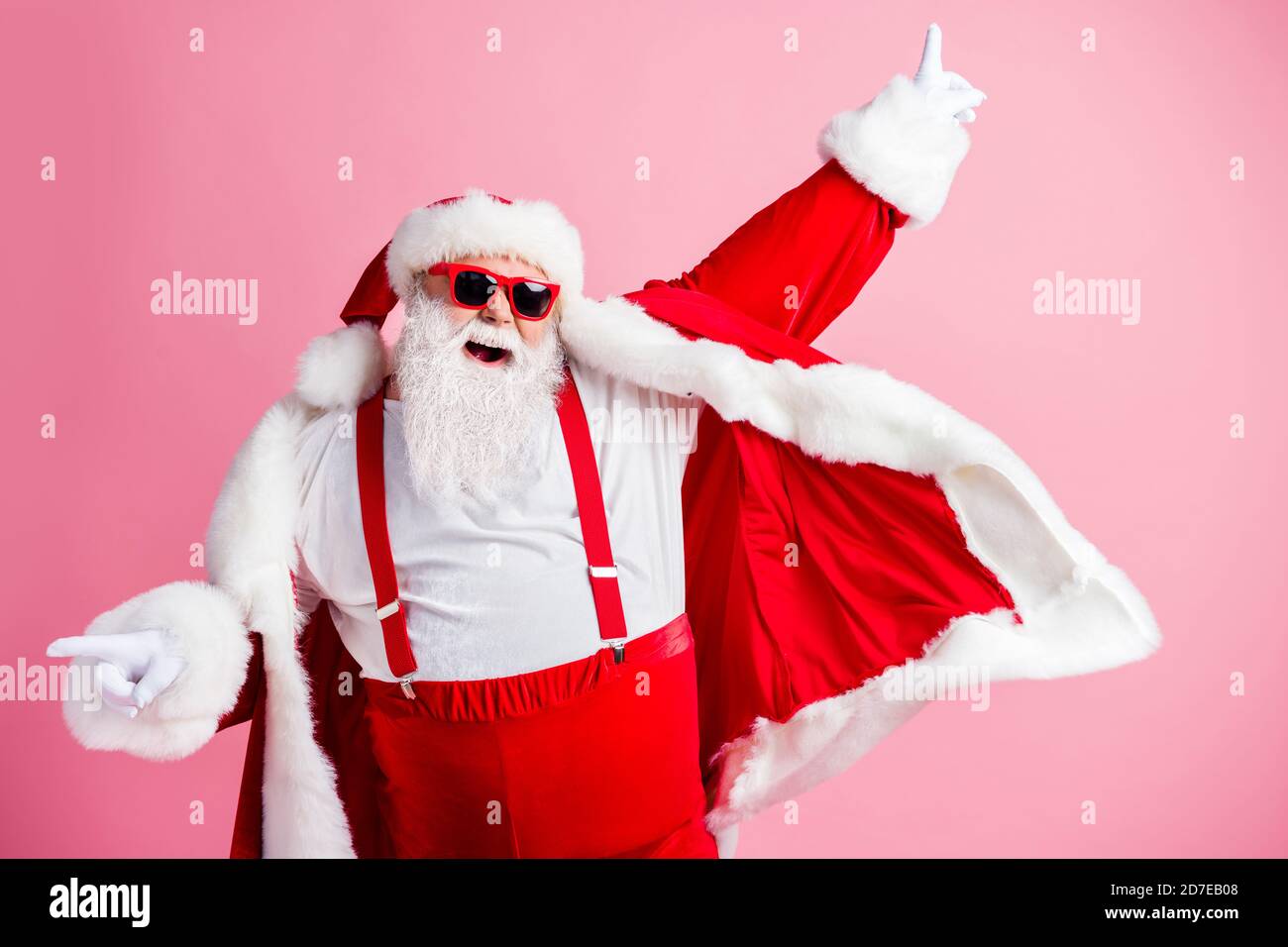 Photo of crazy funny fat santa claus with big belly enjoy x-mas ...