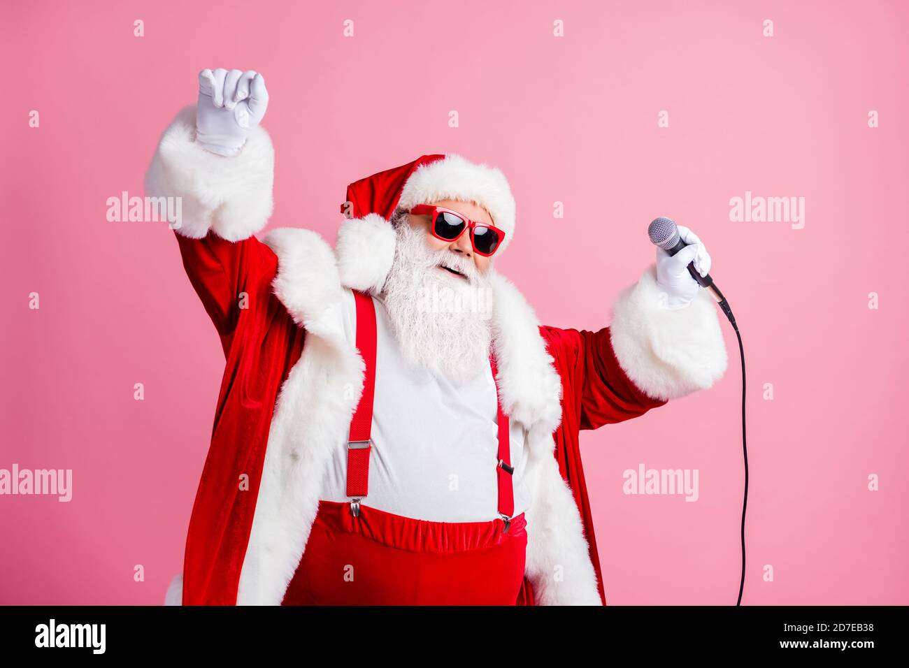 Photo of cool santa claus x-mas pop star singer sing microphone enjoy ...