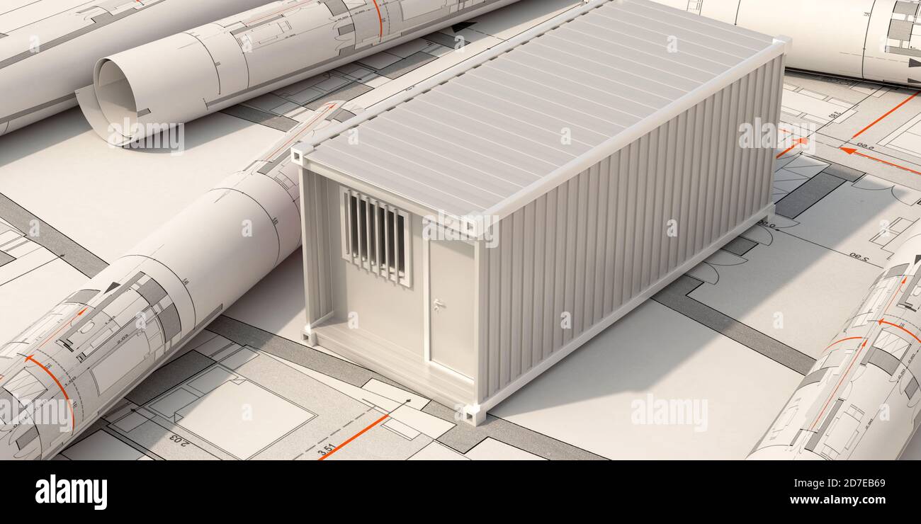 Construction site office, cargo container box model on building ...