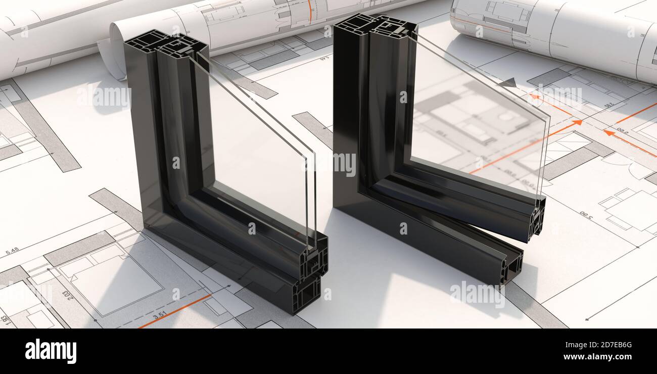 Aluminum profile frames open and closed on blueprint background. PVC ...