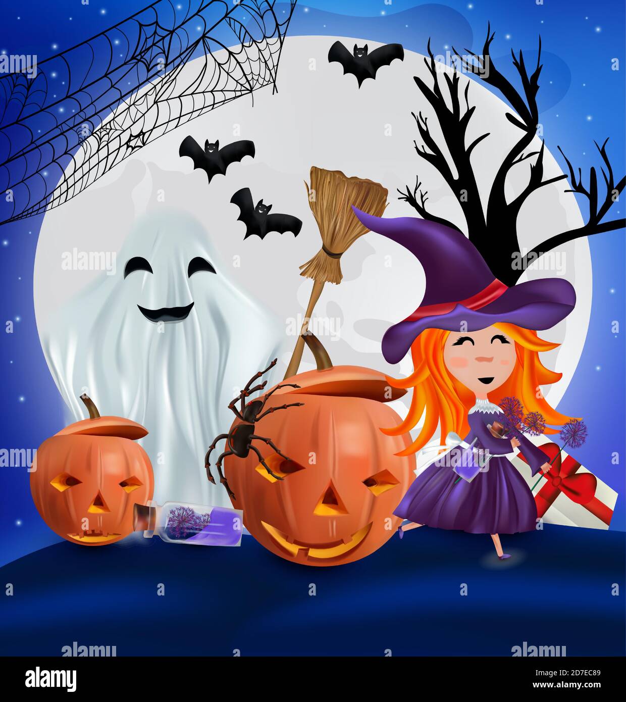 Characters Halloween pumpkin, cobweb, bats, broomstick, spider and ...