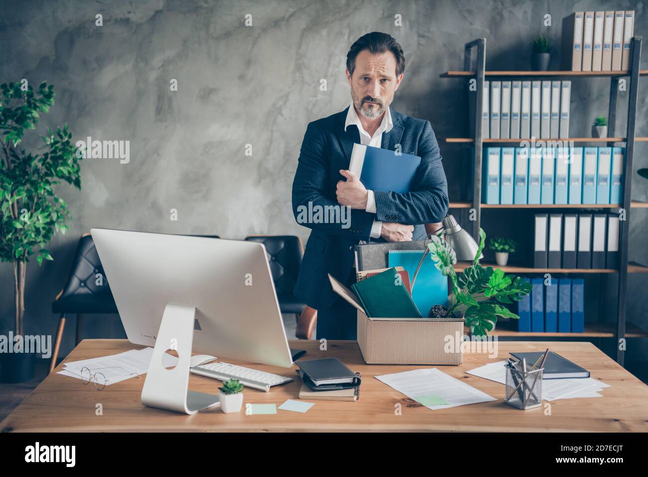 Photo of fired sad worker age mature guy broker manager lost job hold ...