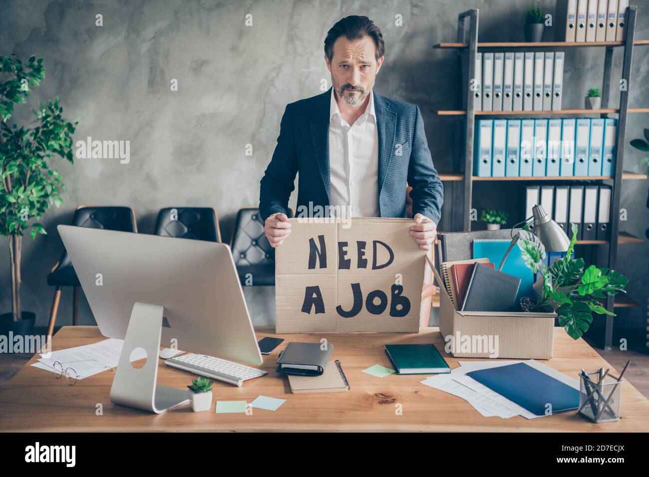 Photo of despair sad layoff dismissed worker mature jobless guy hold ...