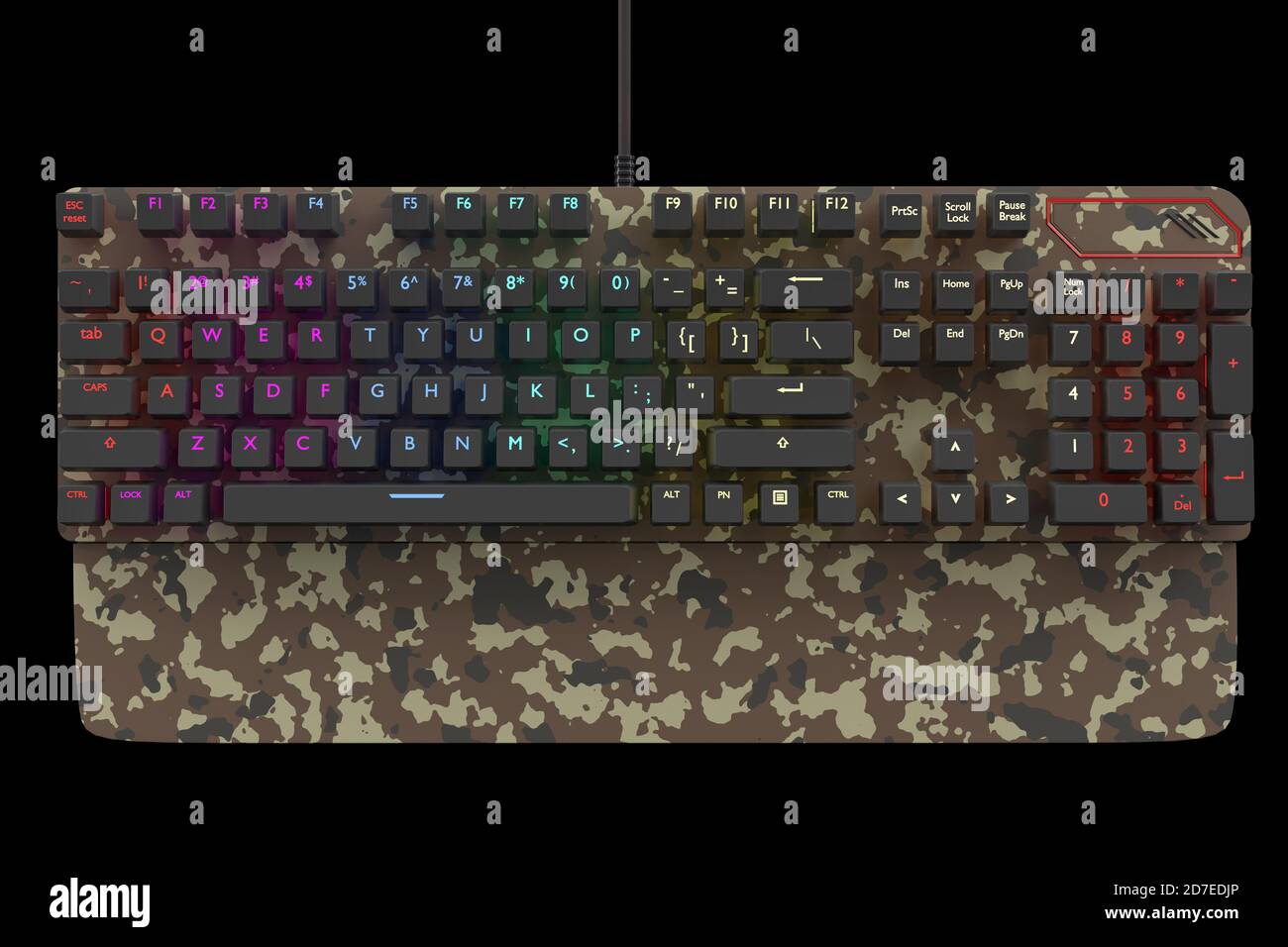 Camouflage colored computer keyboard with rgb color isolated on black ...