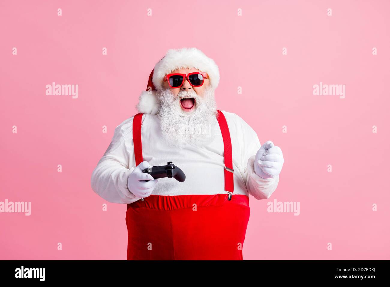 Portrait of his he nice cheerful cheery glad bearded fat guy Santa ...