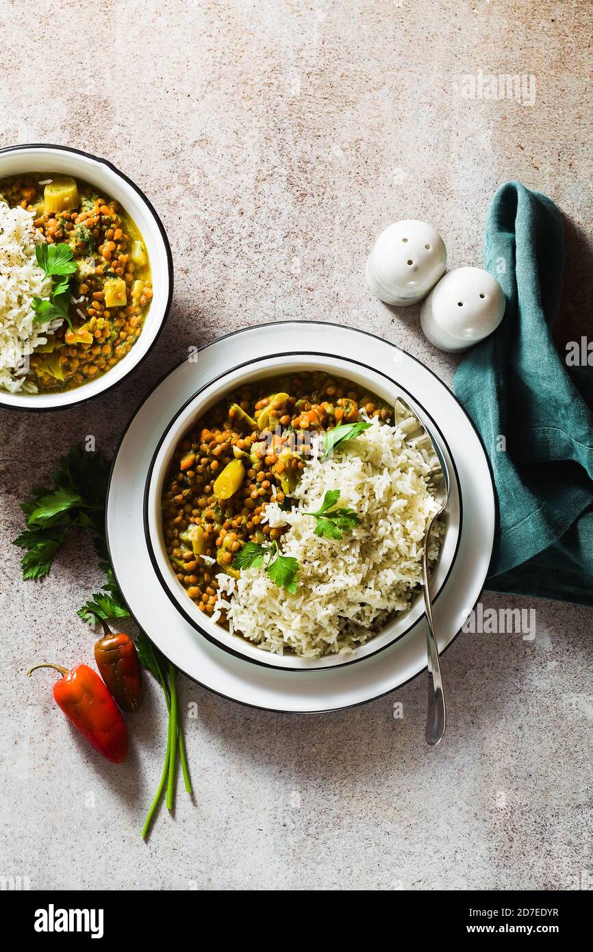 indian lentil dhal with vegetables and basmati rice on the table ...
