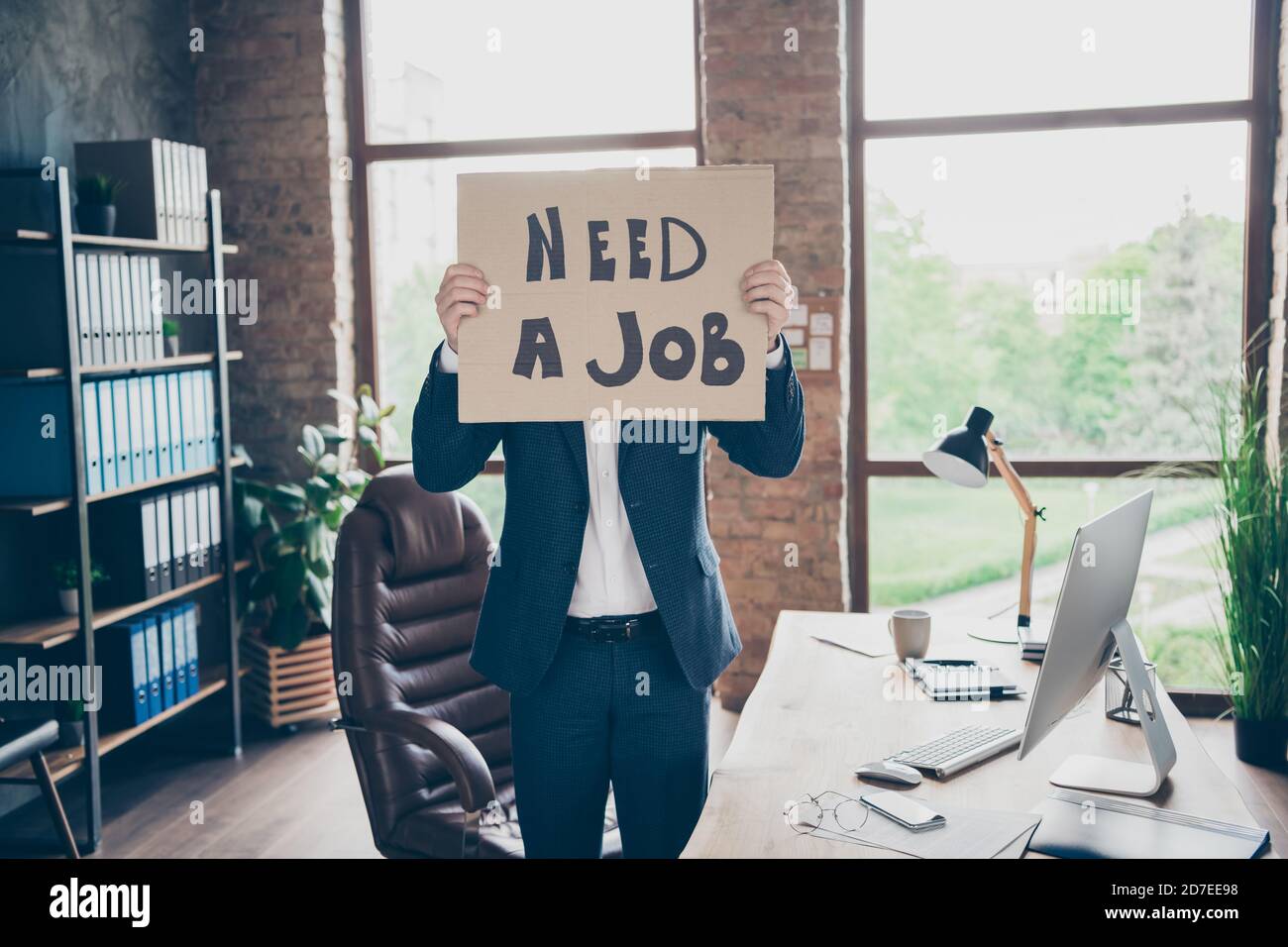 Photo of moody despair laid off office worker mature guy hiding closing ...