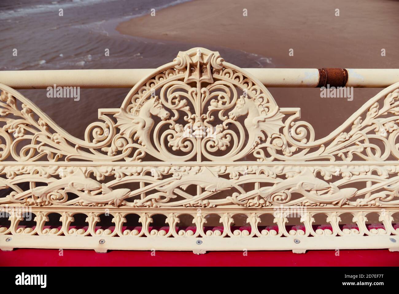 The ornate cast iron bench seat design on Central Pier, Blackpool Stock ...