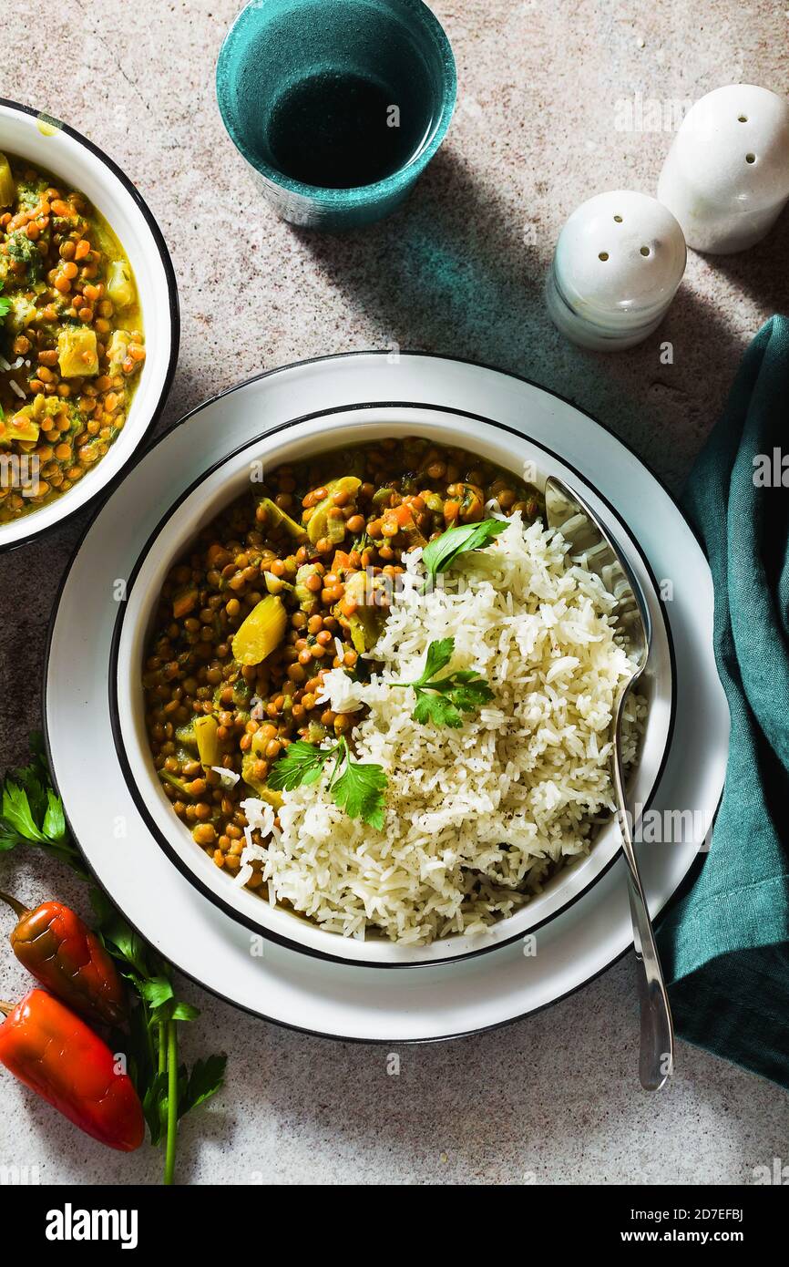 indian lentil dhal with vegetables and basmati rice on the table ...