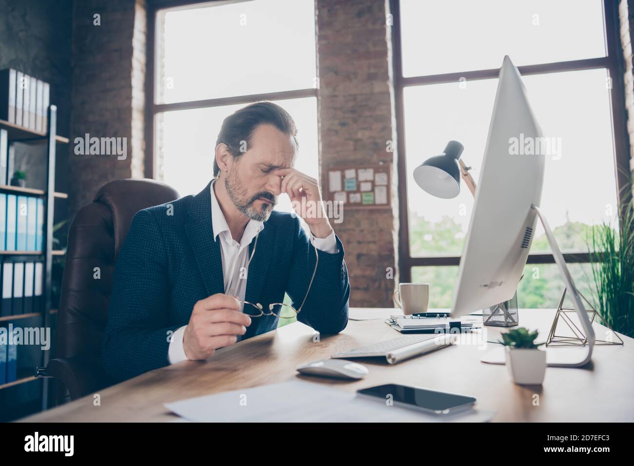 Profile side view portrait of his he handsome tired overworked sullen ...