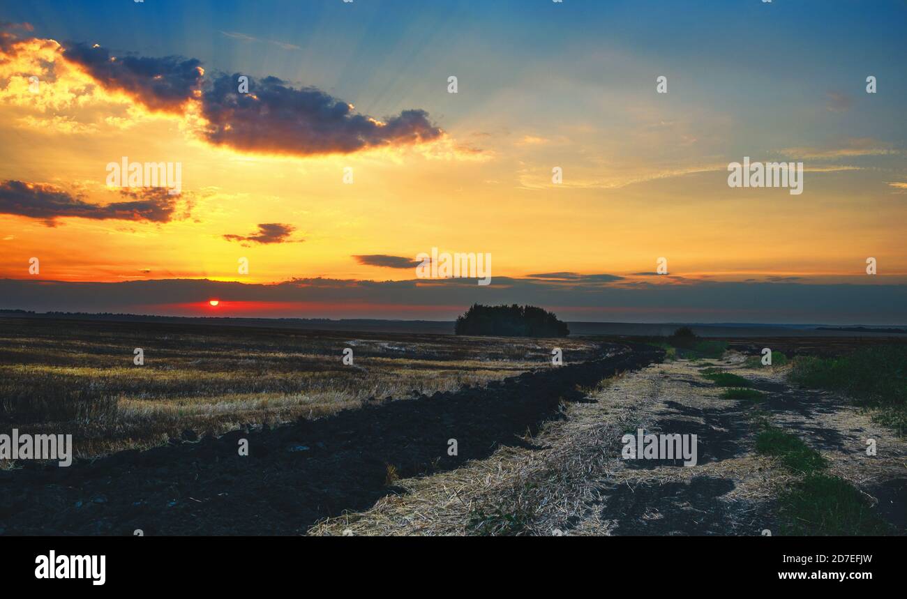 Landscape with empty country road passing through the fields and ...