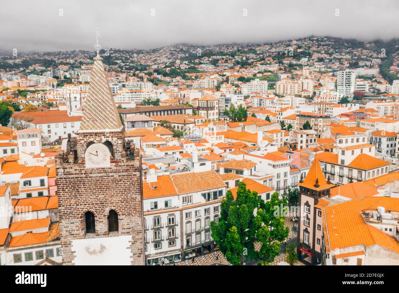 Aerial shot of the Funchal old town, the capital of Madeira island ...