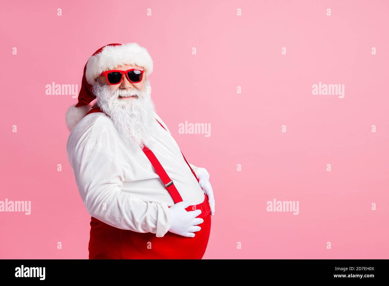 Profile side photo of funny fat santa claus touch his big belly enjoy x ...