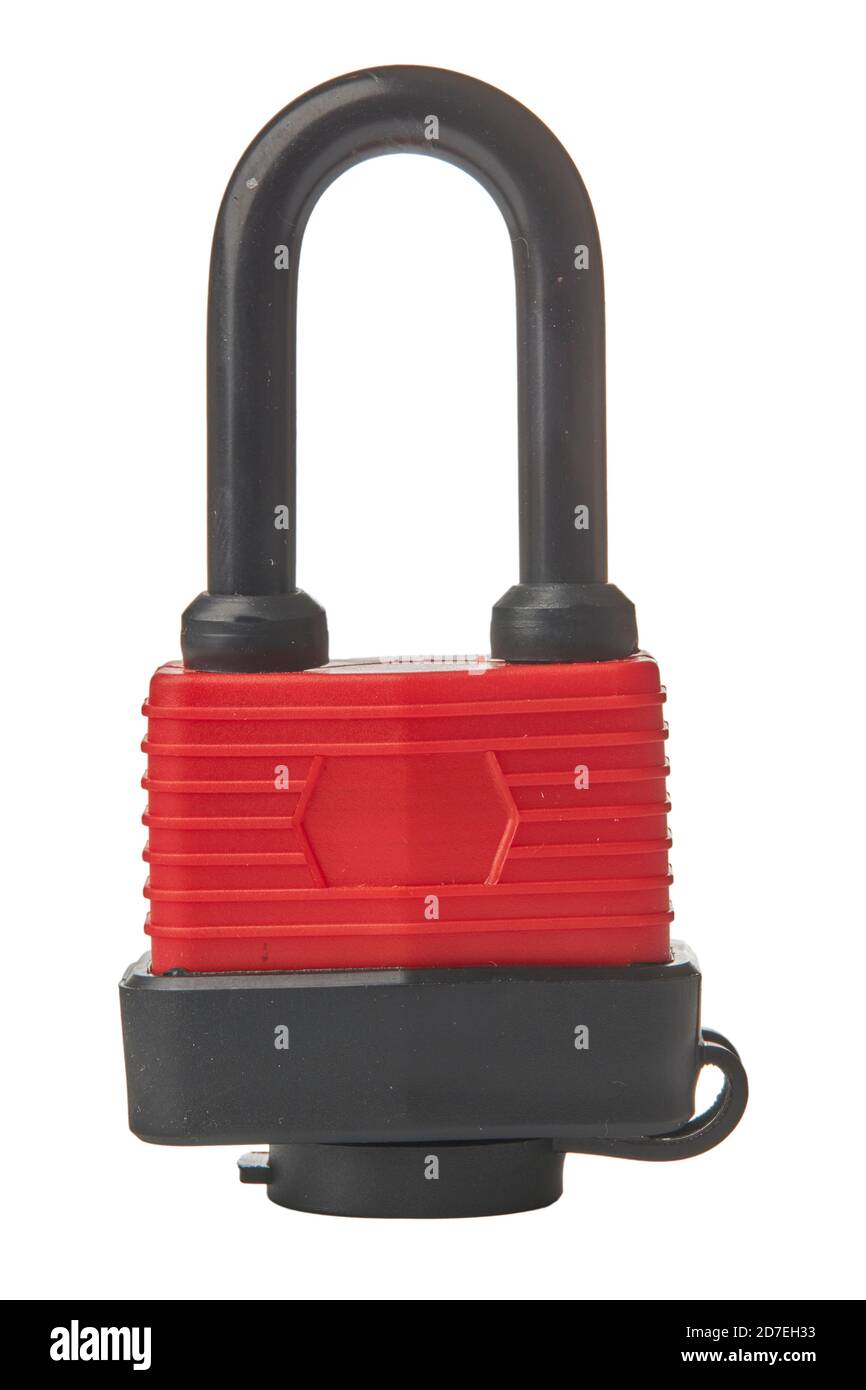 Red and black padlock closeup on white background Stock Photo - Alamy