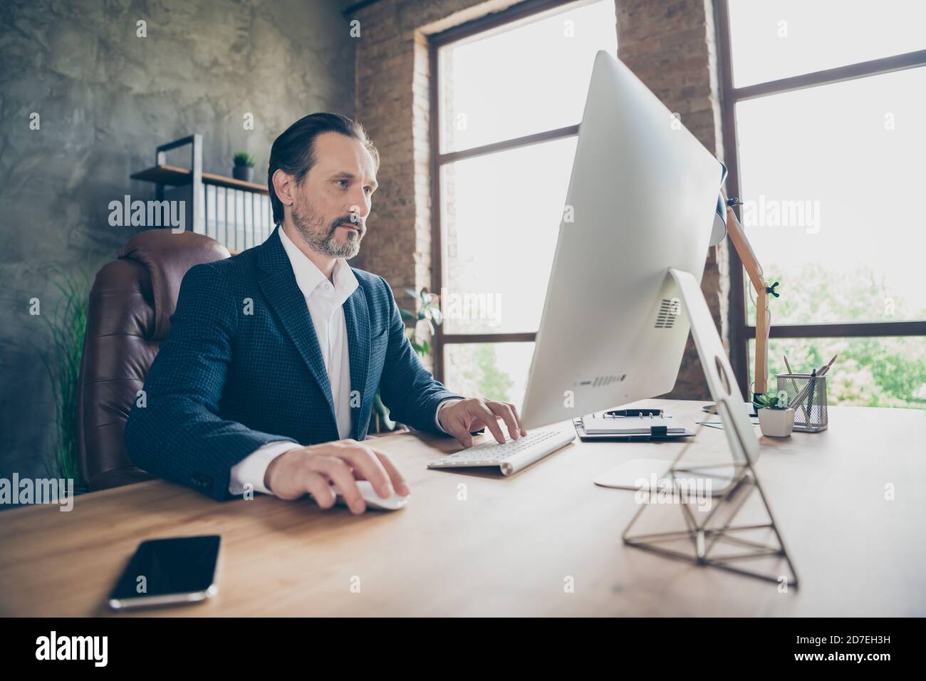 Profile side view portrait of his he nice handsome focused skilled man ...
