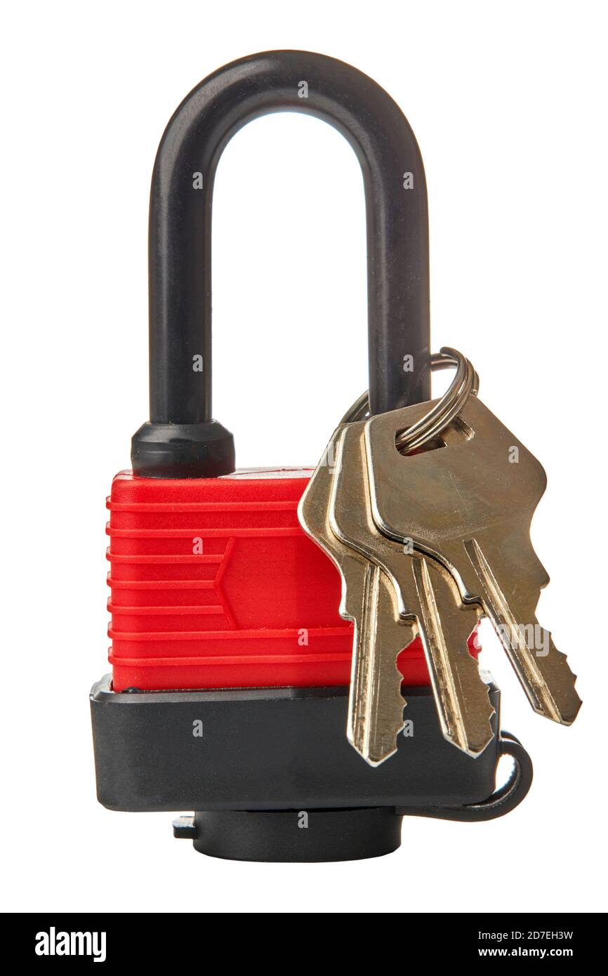 Red and black padlock closeup on white background Stock Photo - Alamy