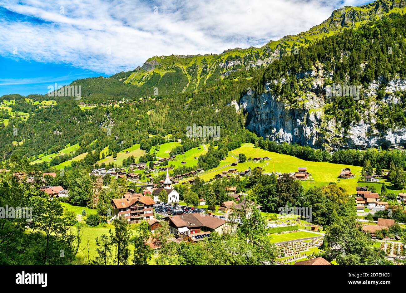Aerial view of Lauterbrunnen from the Staubbach Falls, Switzerland ...
