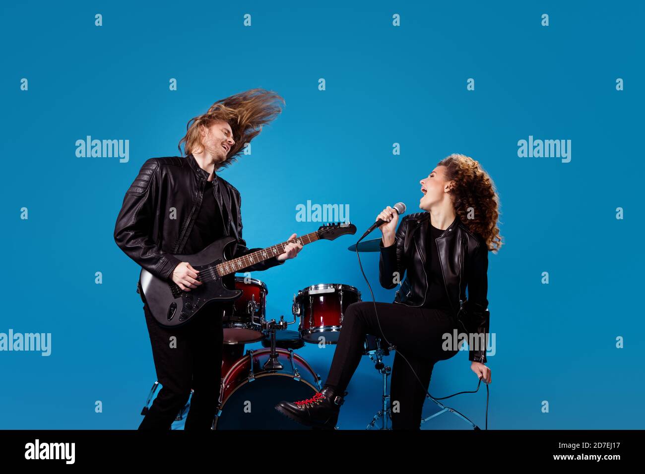 Profile side photo funky youth two people team man play bass guitar ...