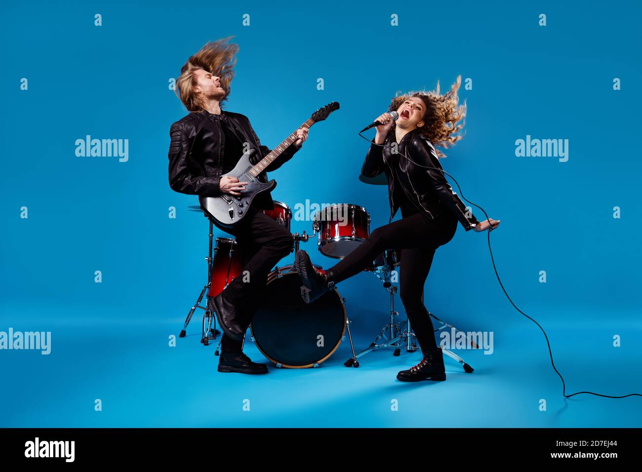 Full length photo of crazy funky two people rock youth band famous ...