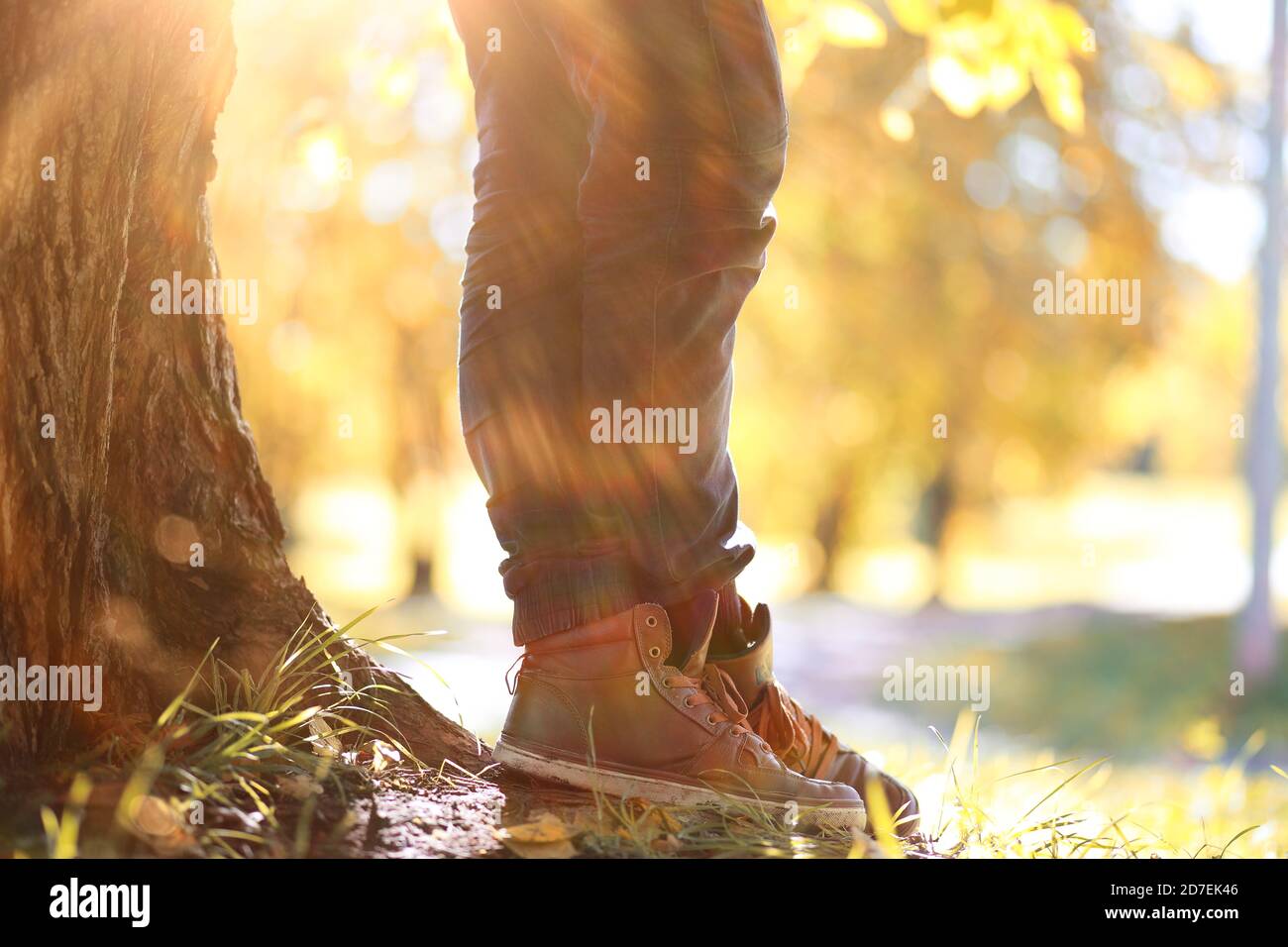 Autumn Park man walking along a path in foliage Stock Photo - Alamy