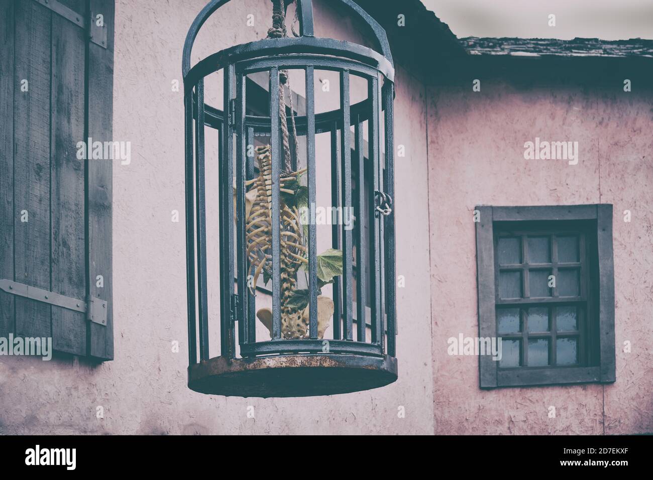 A cage with a scary skeleton hanged outdoors. Window old house and cage ...