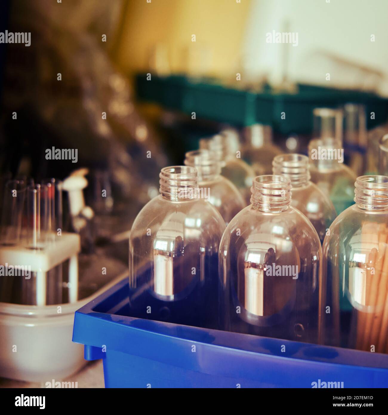 Empty flasks and bottles in the laboratory, close-up Stock Photo - Alamy