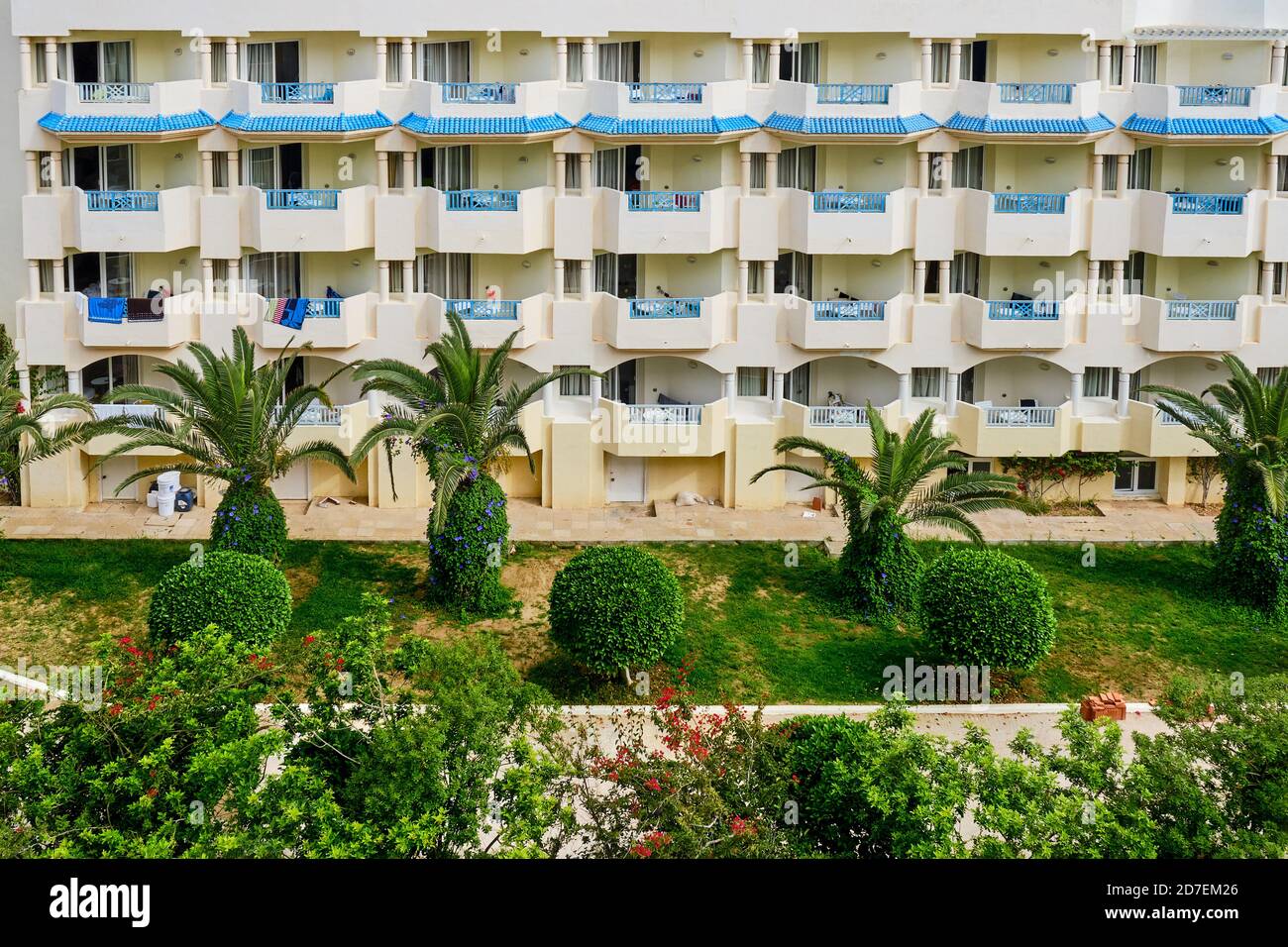 View from hotel balcony in Tunisia, the resort of Sousse, arab garden ...