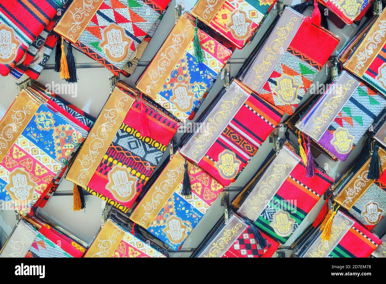Bags in the shop window with Arabic ornament and pattern of the symbol ...