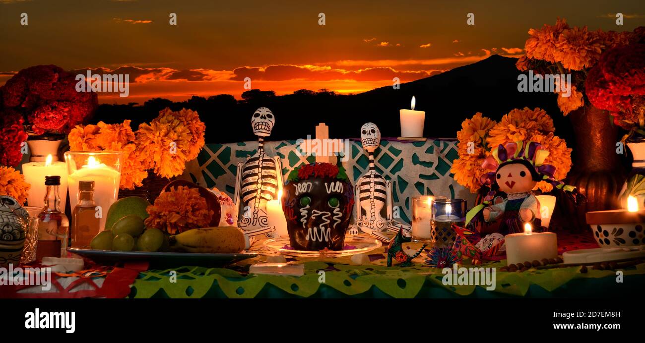 Mexican day of the dead altar at sunset at dim candlelight Stock Photo ...