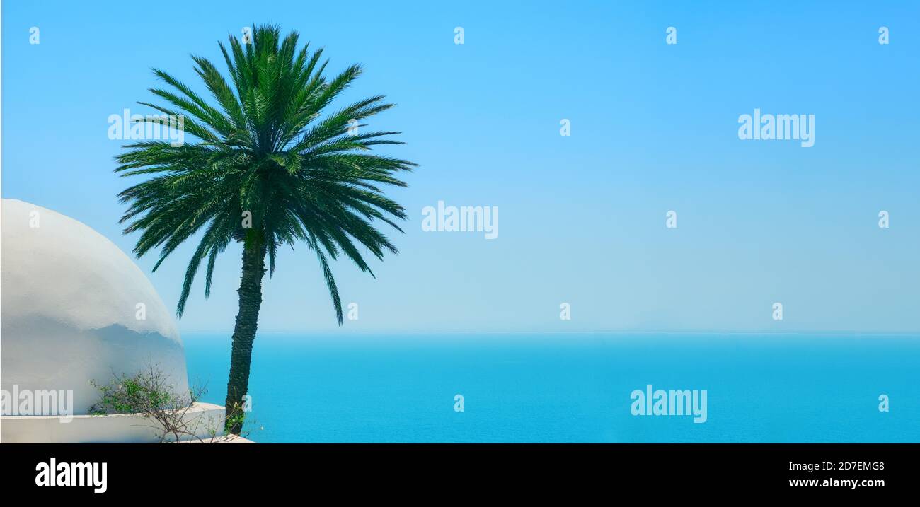 Sea, palm tree and arabic house, copy space background. Sidi Bou Said ...