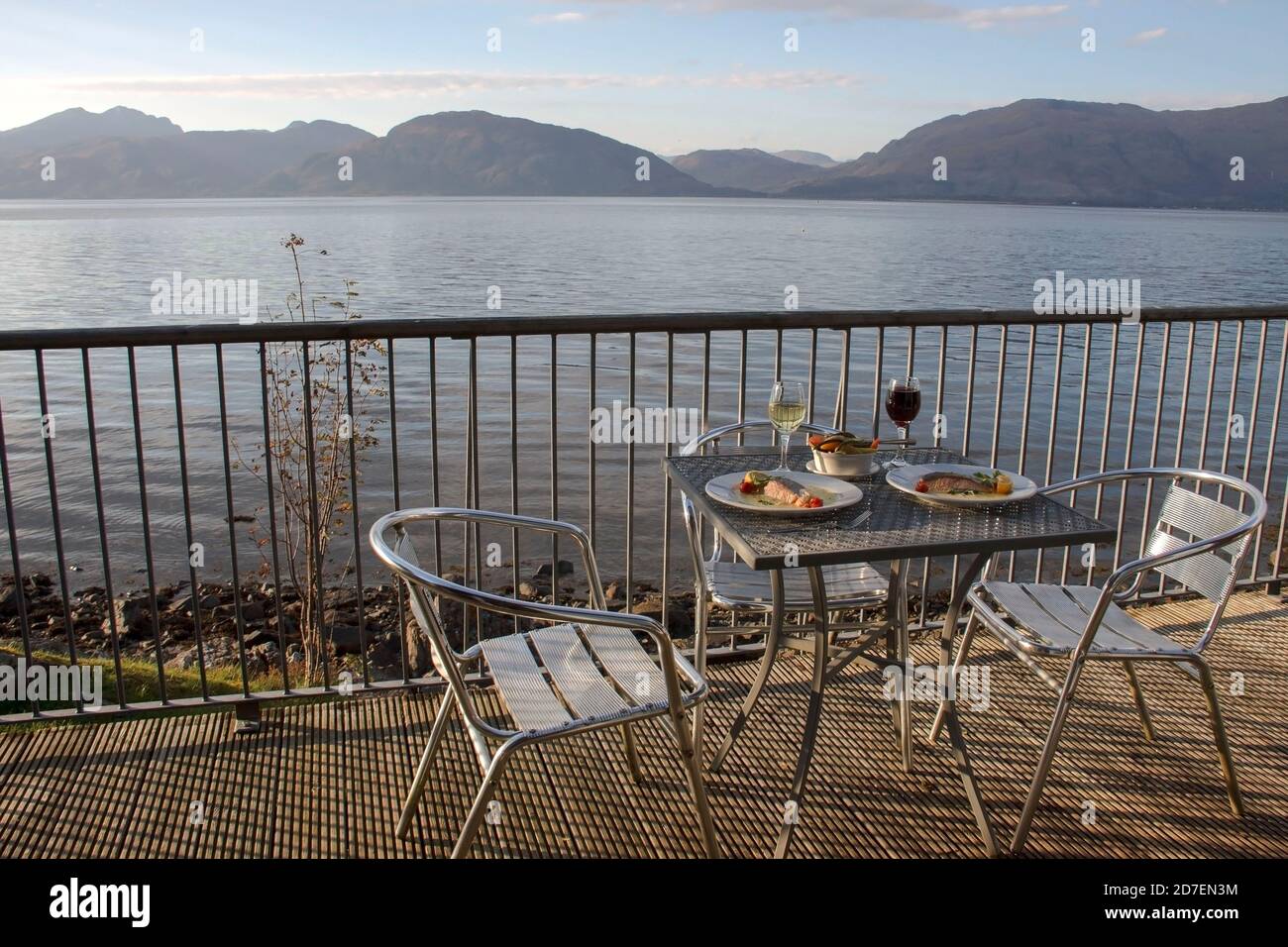 Romantic dinner in Scottish Highlands. Loch Linnhe in Kentallen, Appin ...