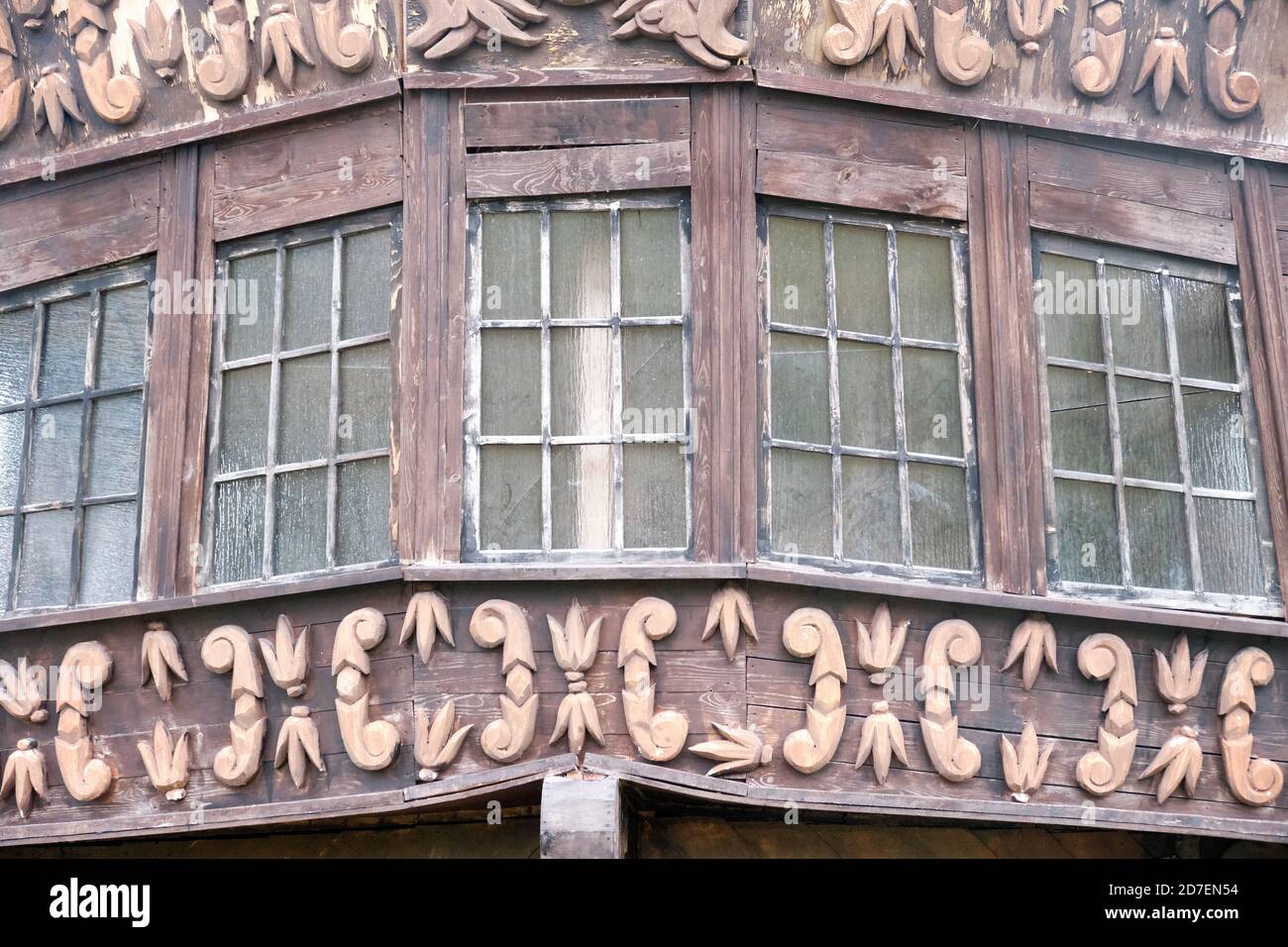 The stern of a vintage sailing ship with windows on board. Rear view ...